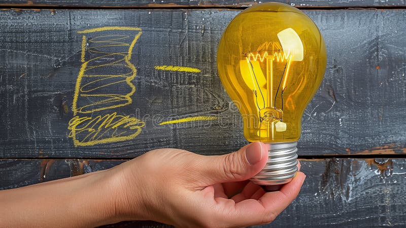 Idea in Hand: Yellow Light Bulb and Chalkboard Stock Illustration ...