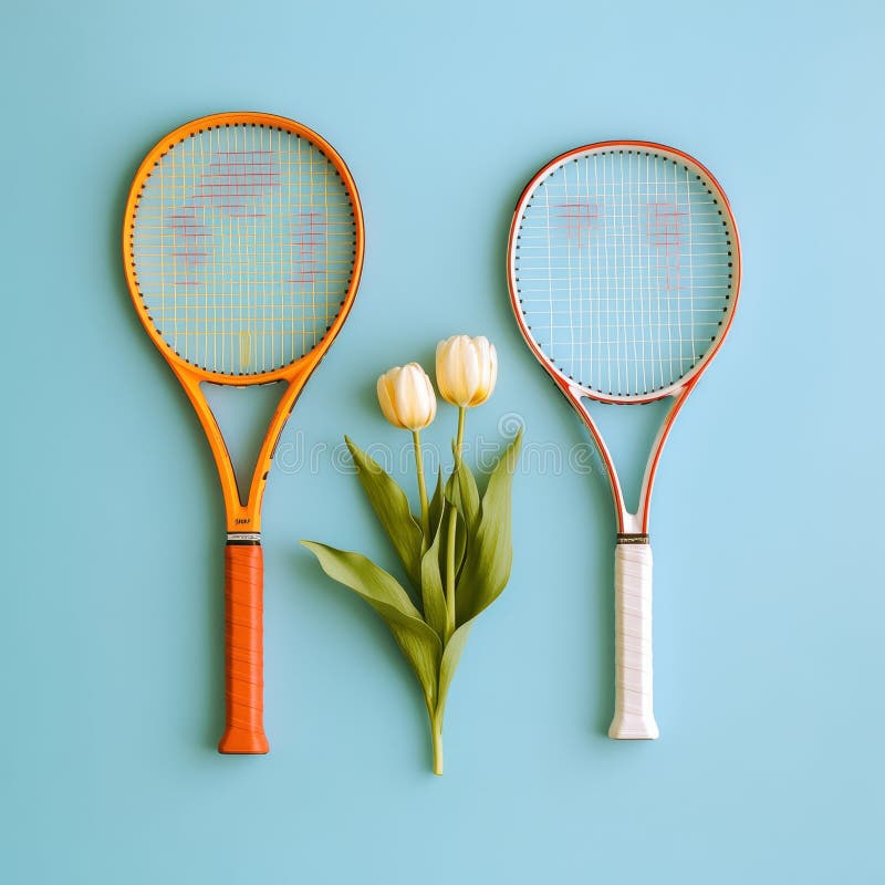 The Idea Includes Tennis Rackets Decorated with White Tulips on a Light ...