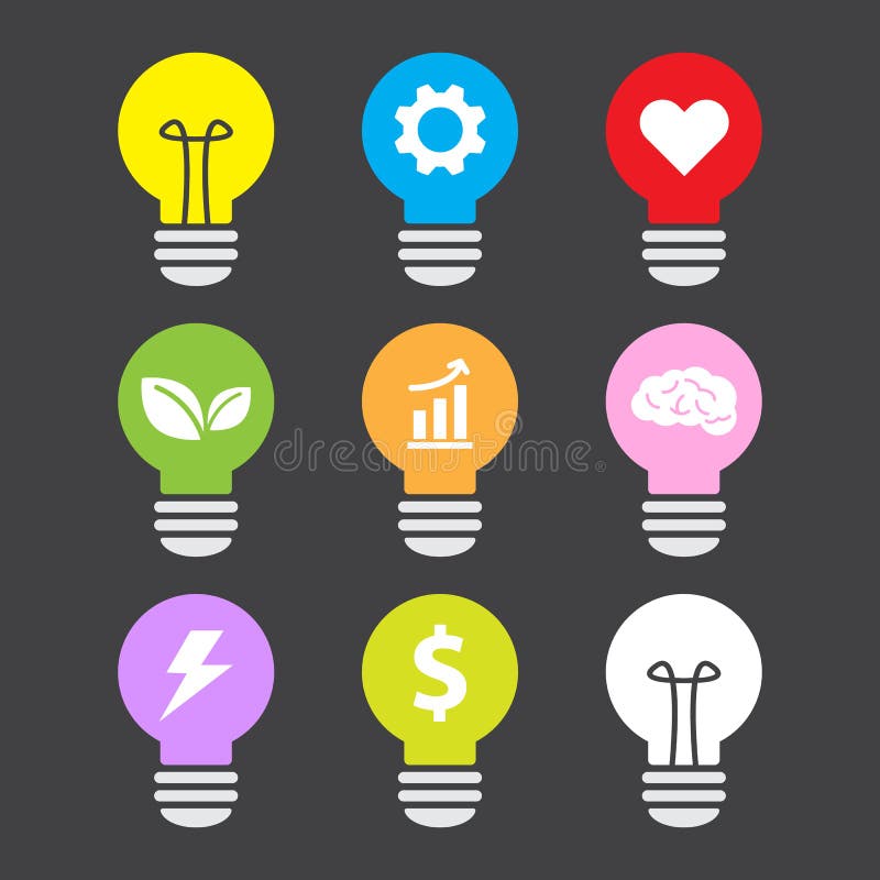 Idea Lamp Colorful Icon Set Flat Style Stock Vector - Illustration of ...