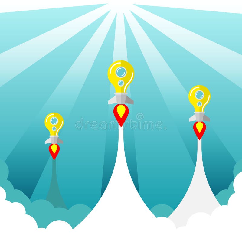 Idea Launch Light Bulb and Rocket with Sky Space. Creative Start ...