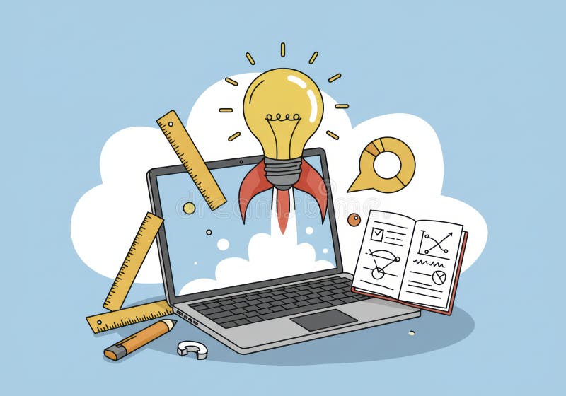 Idea Launching from Laptop Computer with Notebook and Ruler Stock ...
