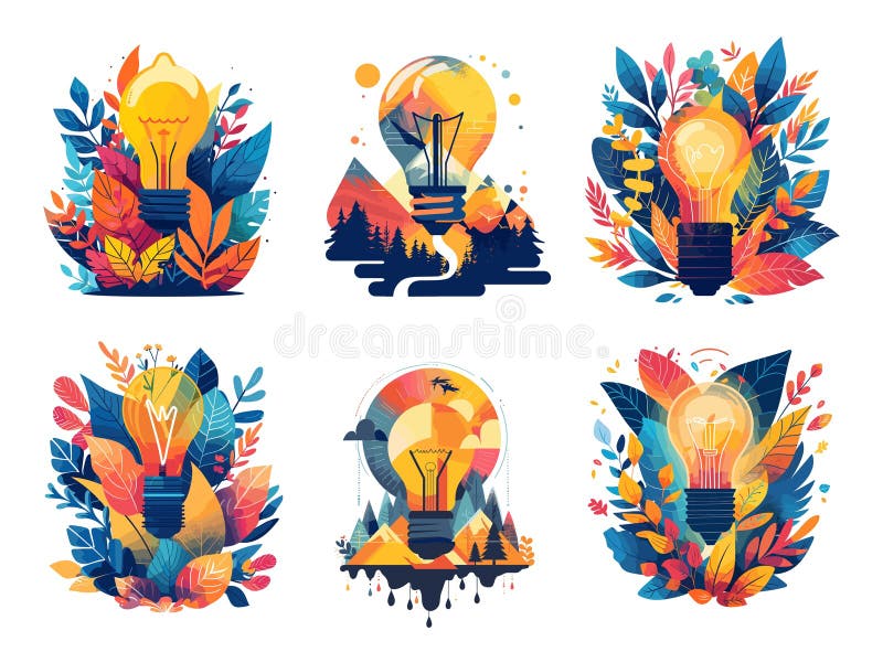 Idea Light Bulb Botany Concepts Cartoon Style Vector Set. Creative ...