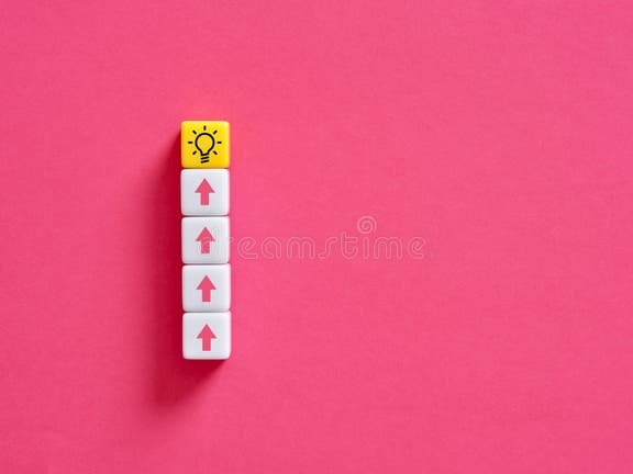 Idea Light Bulb Leading Stack of Up Arrow Blocks on Pink Background ...
