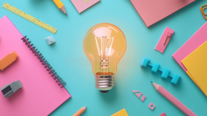 Idea Light Bulb with School Supplies Overhead View Stock Illustration ...