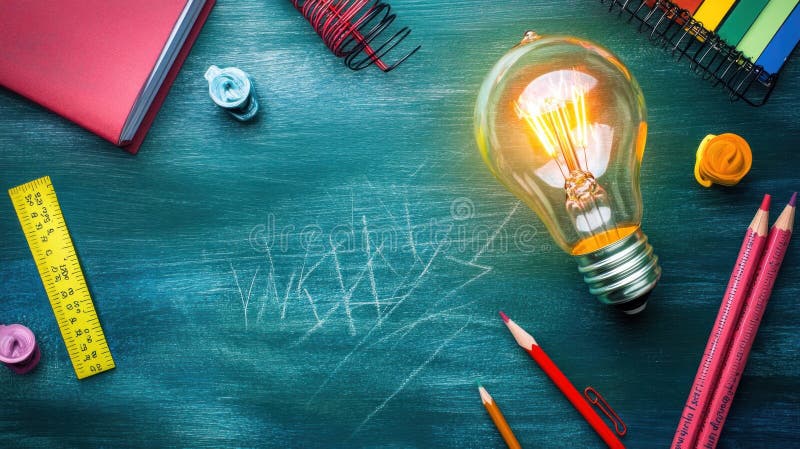 Idea Light Bulb with School Supplies Overhead View Stock Illustration ...