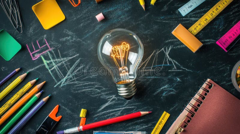 Idea Light Bulb with School Supplies Overhead View Stock Illustration ...