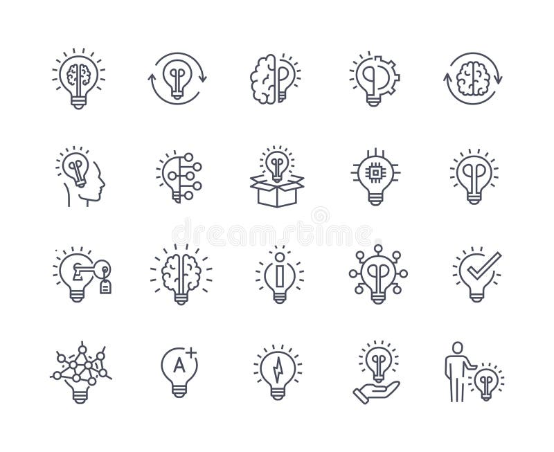 Idea Light Icons Outline Set Stock Vector - Illustration of human ...