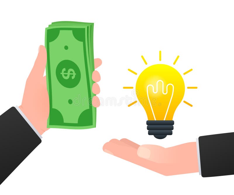 Idea for Money. Hand Holds Money and Light Bulb. Crowdfunding Concept ...