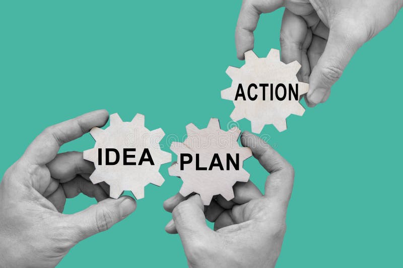 Idea, Plan and Action. Collage of Hands Holding Gears. Stock Photo ...