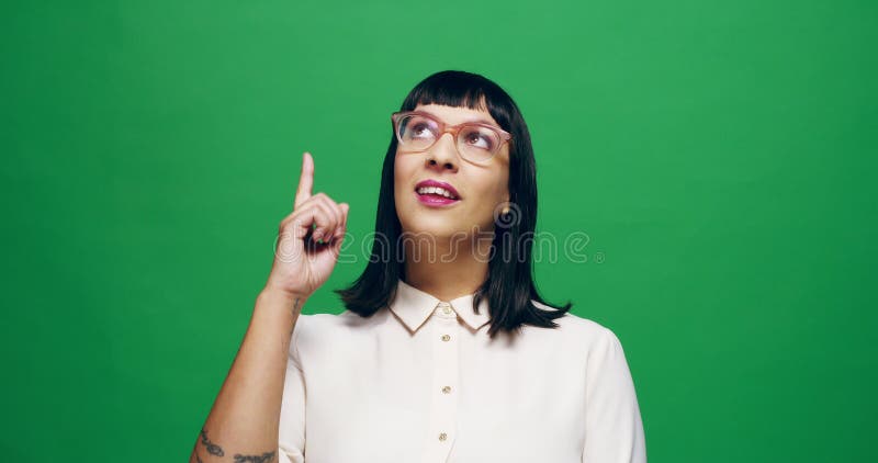 Idea, Pointing and Business Woman in Studio for Solution, Brainstorming ...