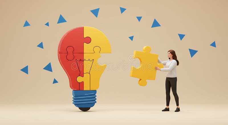 Idea Puzzle Woman Completing Lightbulb with Jigsaw Piece. Innovation ...