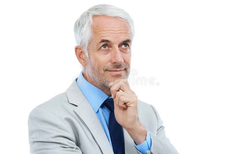 Idea, Senior Man and Suit in Studio with White Background, Thinking for ...