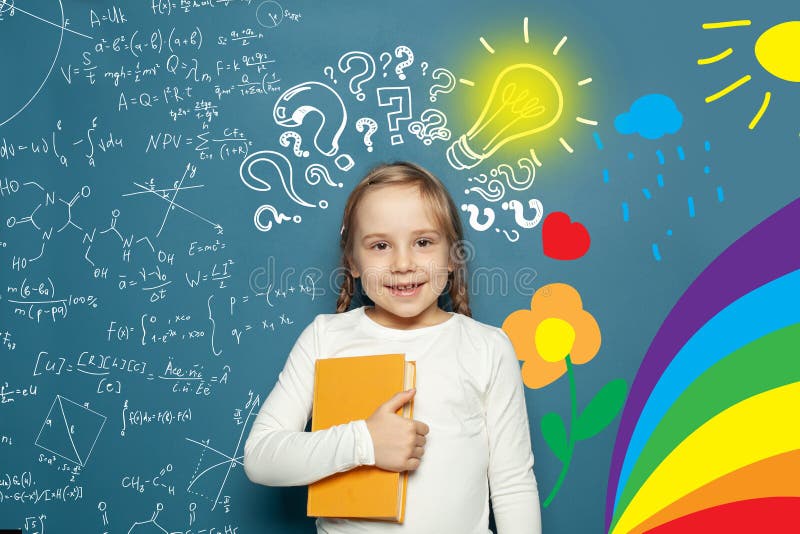 Idea! Smart Small Girl Kid Student with Lightbulb on Blackboard Stock ...