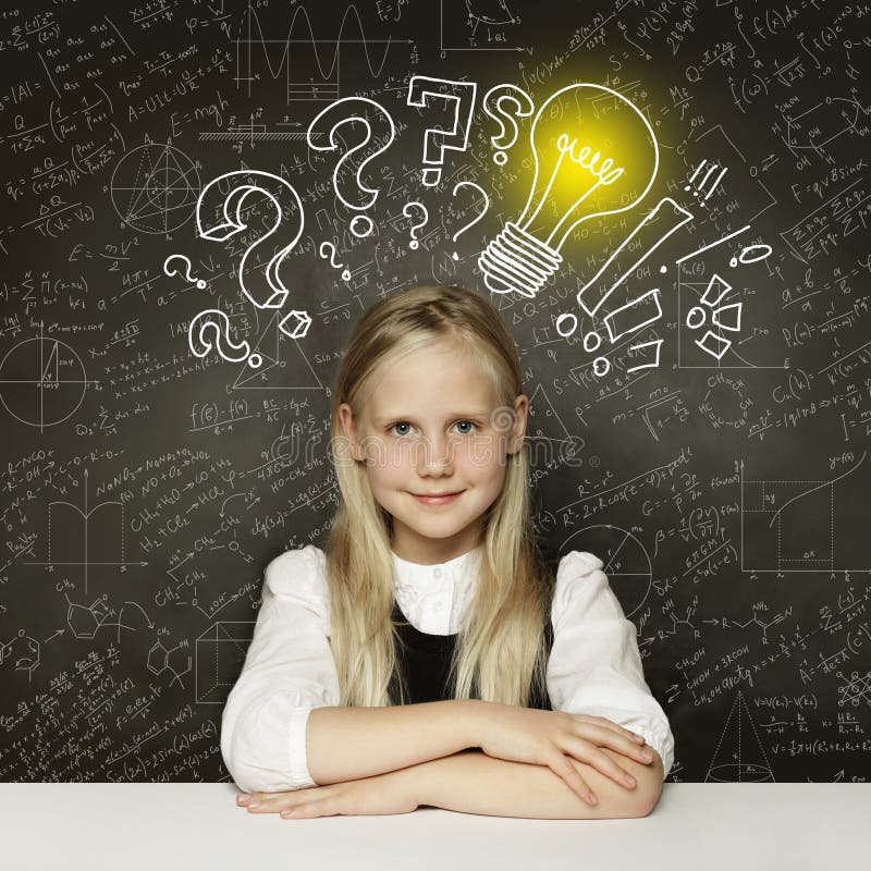 Idea! Smiling Student Girl with Apple and Lightbulb on Blackboard Stock ...