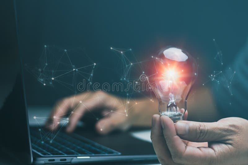Idea Technology Concept, Man Hand Holding Lit Light Bulb Stock Image ...