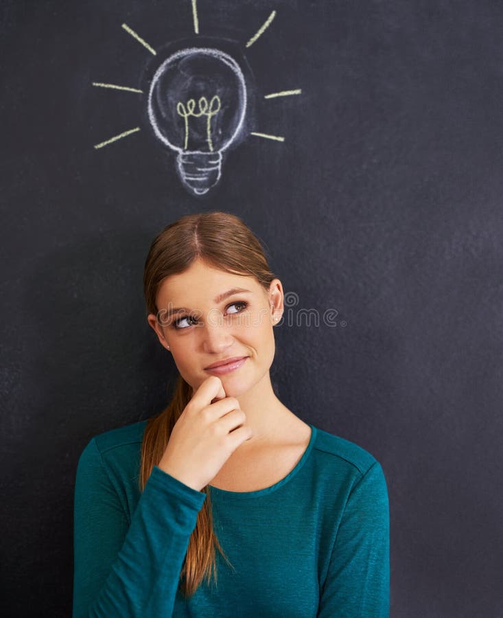 Idea, Thinking and Woman with Light Bulb on Chalkboard for Inspiration ...