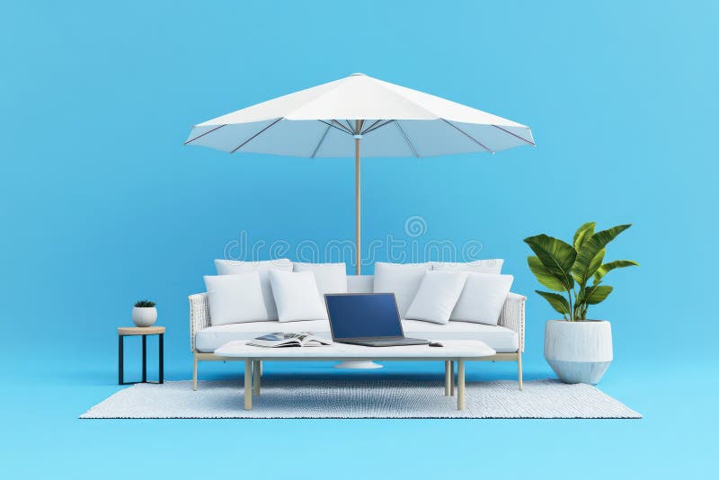 Ideal Place for Remote Employee, Freelancer. Sofa Under an Umbrella ...