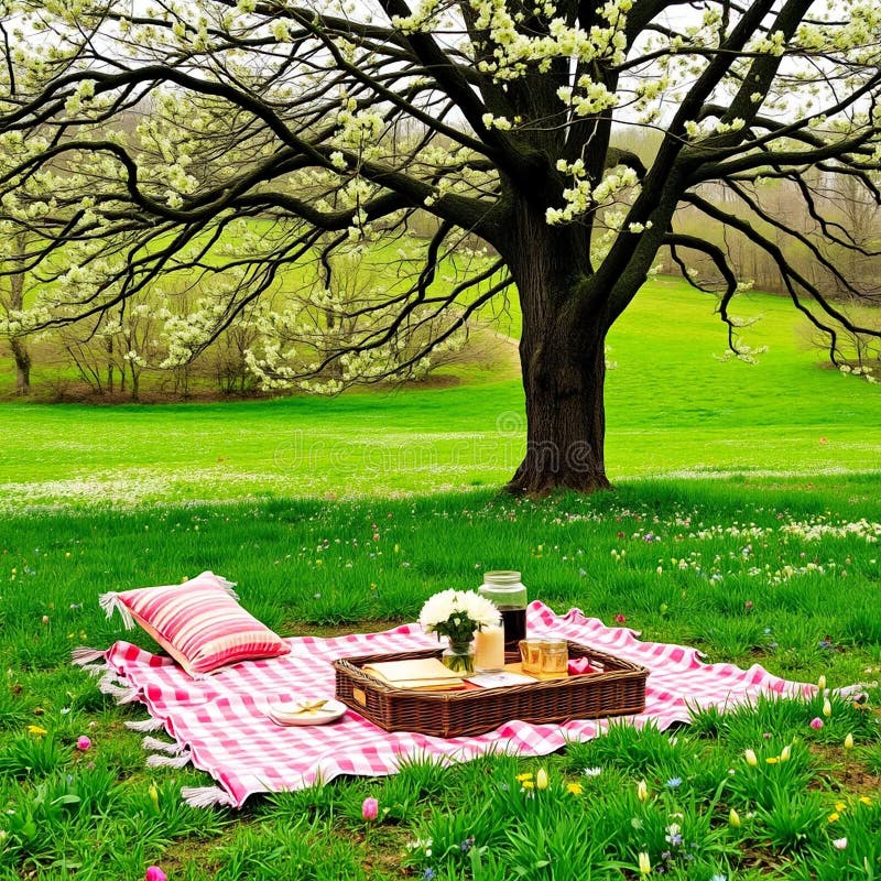 Relaxing Picnic Under Tree with Juice, Fruits, and Blue Sky Stock Photo ...