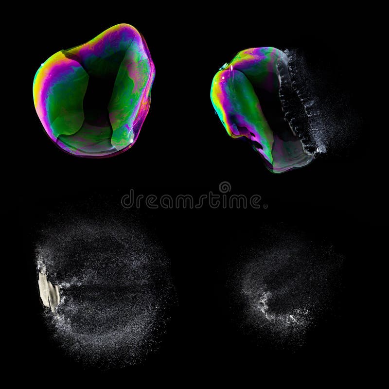 Exploding Soap Bubble Set Collage in Colorful Colors on Black ...