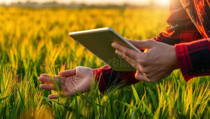 Farmer on a Field during Harvest with Tablet Doing Controlling Stock ...