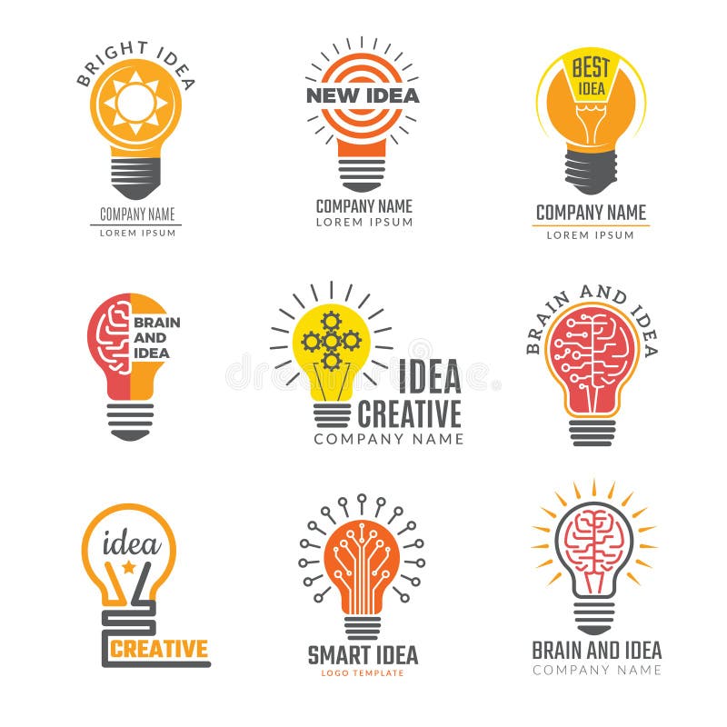 Ideas Bulb Logotypes. Colorful Creative Lamp Shape Smart Symbols ...
