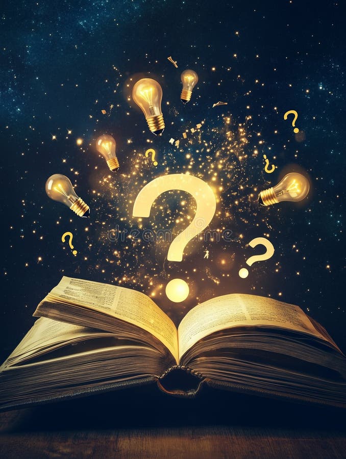 Ideas Emerge from an Open Book with Glowing Light Bulbs and Question ...