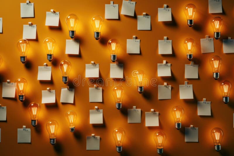 Ideas with Light Bulbs, Sticky Notes, and Background Stock Illustration ...