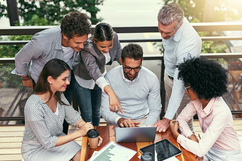 Ideas, Pointing and Business People in Cafe with Laptop for Strategy ...