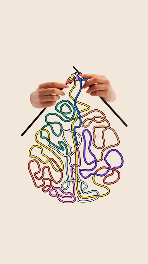 Ideas in Progress. Hands Knit Colorful Tangled Threads into Brain ...