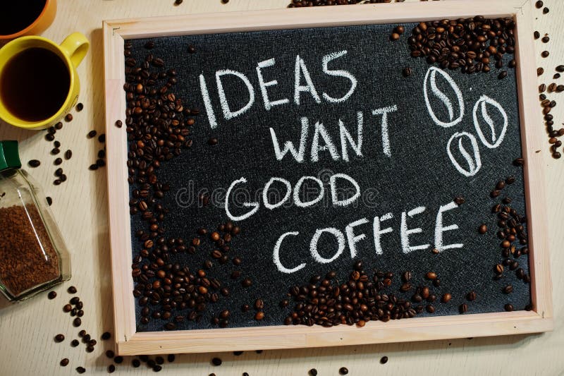 Ideas Want Good Coffee. Words on Blackboard Flat Lay Stock Photo ...