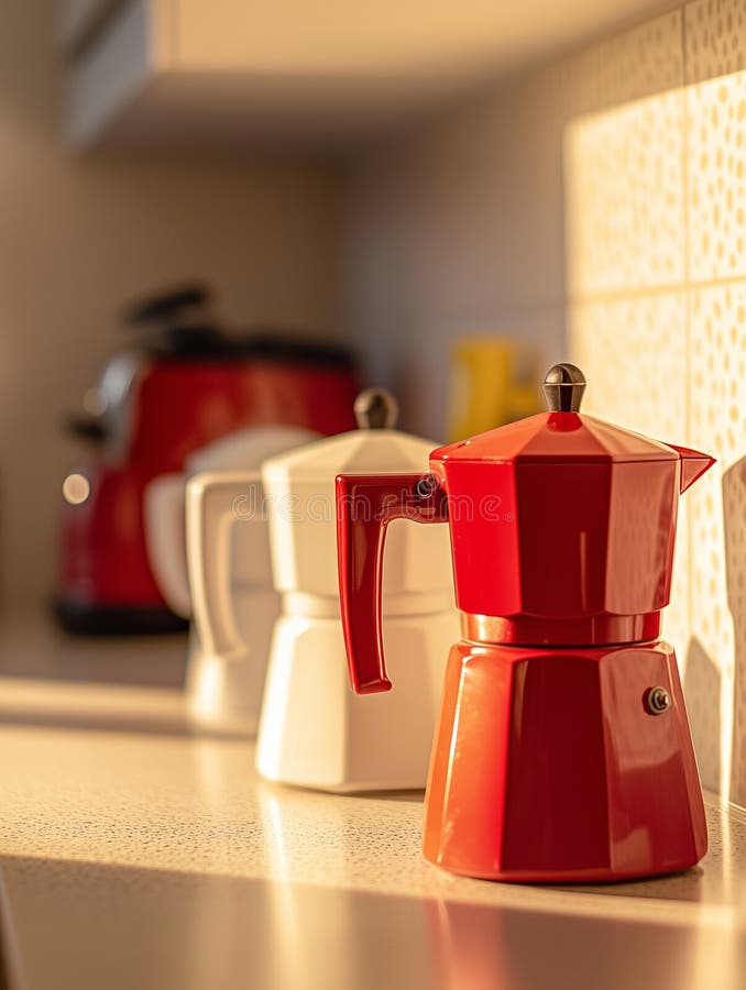 Identical White Coffee Makers Displayed Alongside a Bright Red Coffee ...