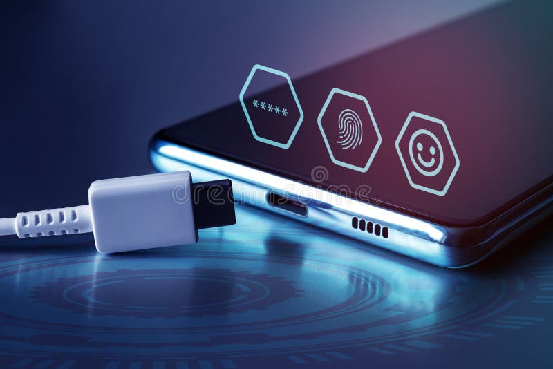 Identity Icons on the Smartphone S Touch Screen and USB Type-C Cable ...