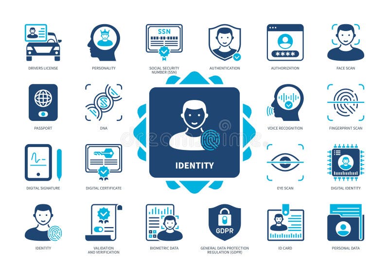 Identity solid icon set stock illustration. Illustration of face ...