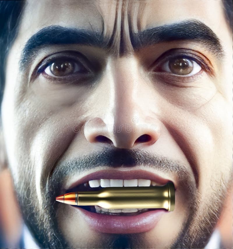 Idiom, Biting the Bullet, Portrait of a Man with Bullet between Teeth ...