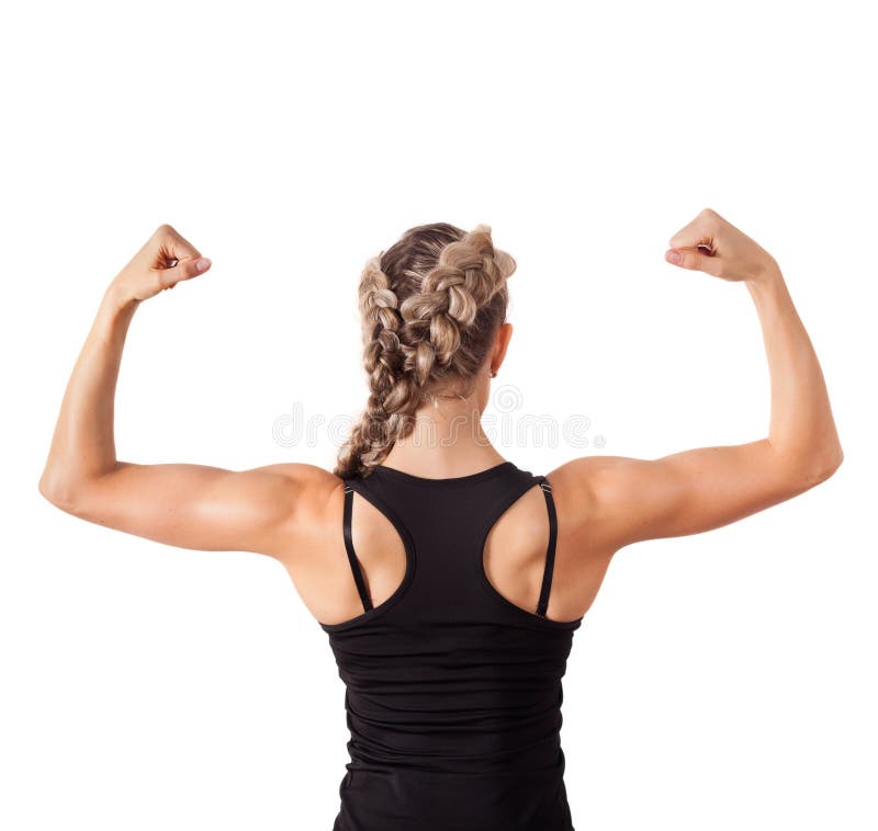 Sportig Kvinna Som Visar Sina Biceps Arkivfoto - Bild av lyckligt ...