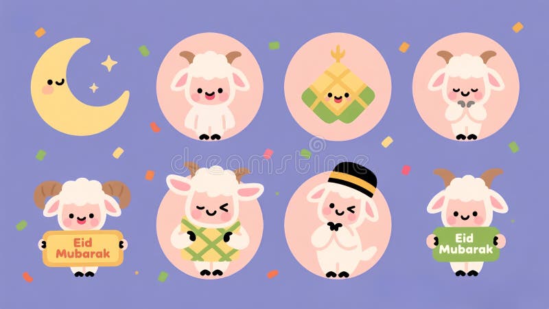 Cartoon Illustration Featuring Six Cute Sheep with Varying Expressions ...