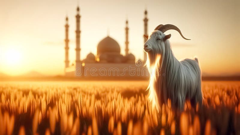 Eid Al-Adha Goat with Mosque at Sunset Stock Illustration ...