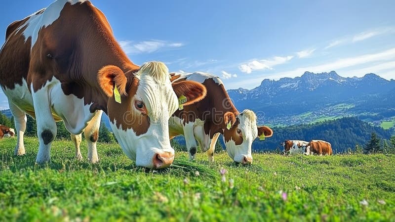 Idyllic Alpine Scenery Cows Grazing on Lush Pastures with Majestic ...