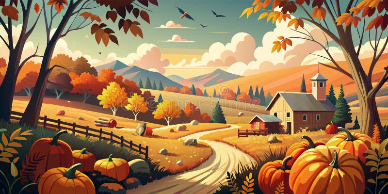 Idyllic Autumn Countryside Landscape with Harvest Pumpkins Stock Vector ...