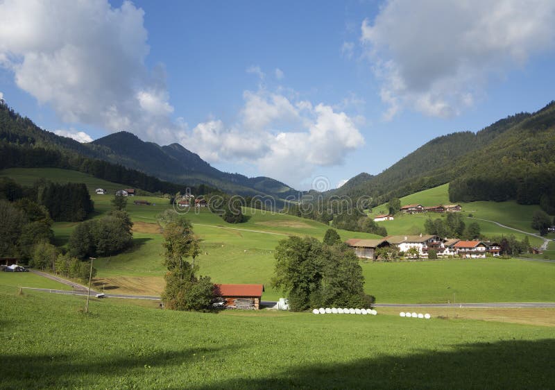 Idyllic Bavarian Landscape with Trees and Mountains in Germany Stock ...