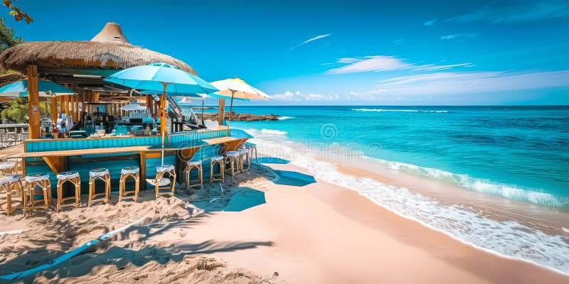 Idyllic Beach Bar with Stools and Umbrellas on Sandy Shore Offering a ...
