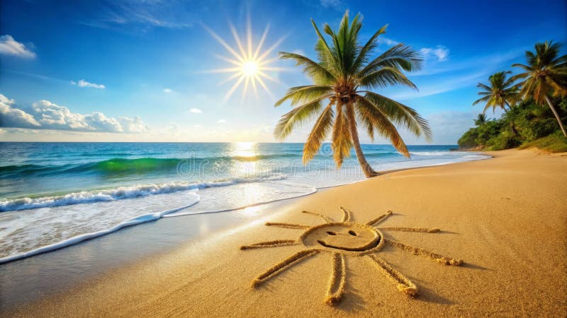Idyllic Beach Scene Sunrise, Palm Tree, and Smiling Sun Drawn in Sand ...