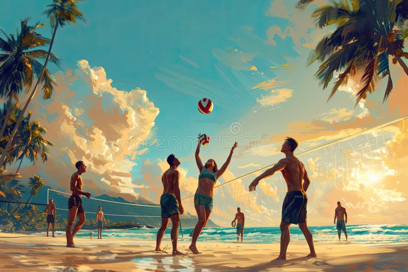 Idyllic Beach Volleyball Game, Group of Friends Playing Game of Beach ...