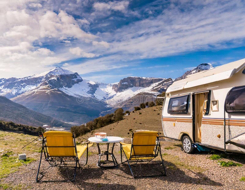 An Idyllic Caravan Setup with Chairs Facing a Stunning View of Snow ...