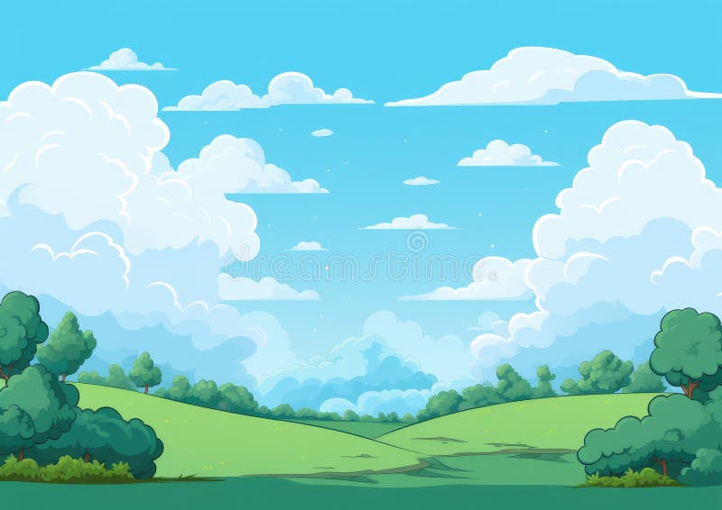 Idyllic Cartoon Valley with Lush Greenery and Flowing River ...