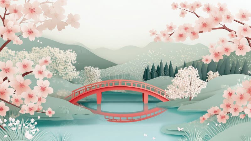Idyllic Cherry Blossom Landscape Featuring Red Bridge and Rolling Hills ...