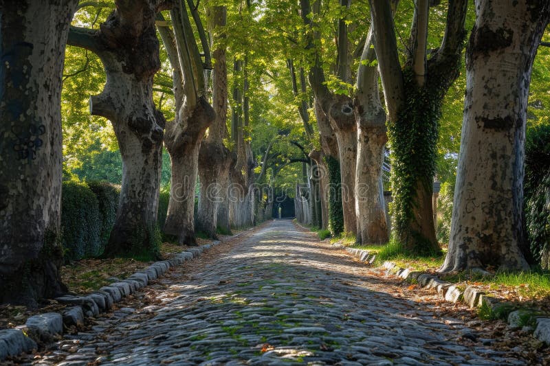An Idyllic Cobblestone Road, Lined with Trees, Winding through a ...