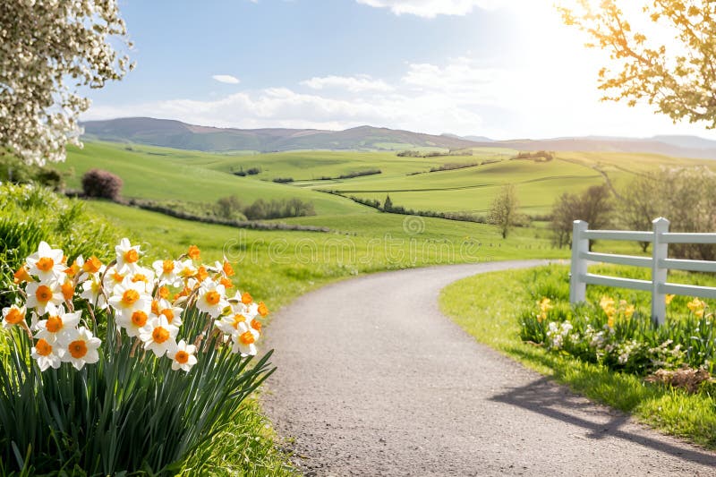 Idyllic Countryside Path with Blooming Daffodils and Rolling Hills in ...
