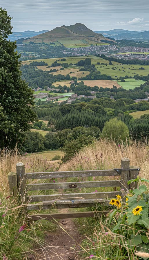 Idyllic Countryside Pathway Rustic Wooden Gate Leading Towards Distant ...