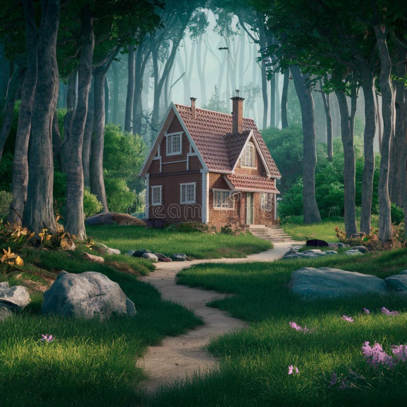 Idyllic Deep Forest with House, Trees, Flowers, and Grass Stock ...